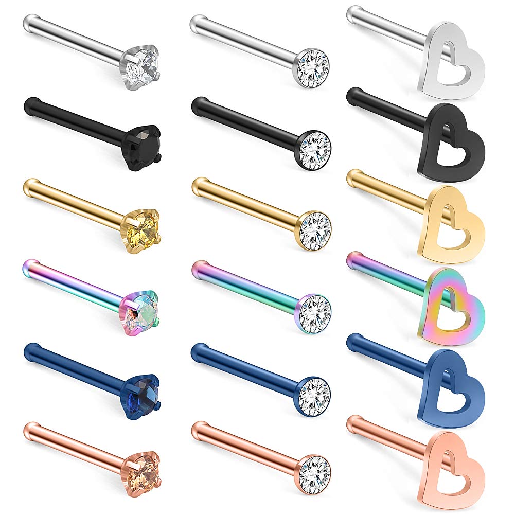 SCERRING 20G 18PCS Stainless Steel Heart Bone Nose Stud Rings Piercing Jewelry 2mm Cubic Zirconia