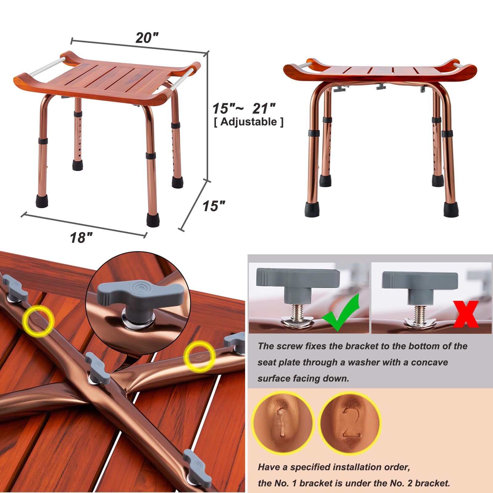 Teak Shower Bench with Handles, Shower Chair for Inside Shower, Height Adjustable Stool, Attached Shower Head Holder Skid pad, Supports Up to 300 Lbs Both Indoor and Outdoor use