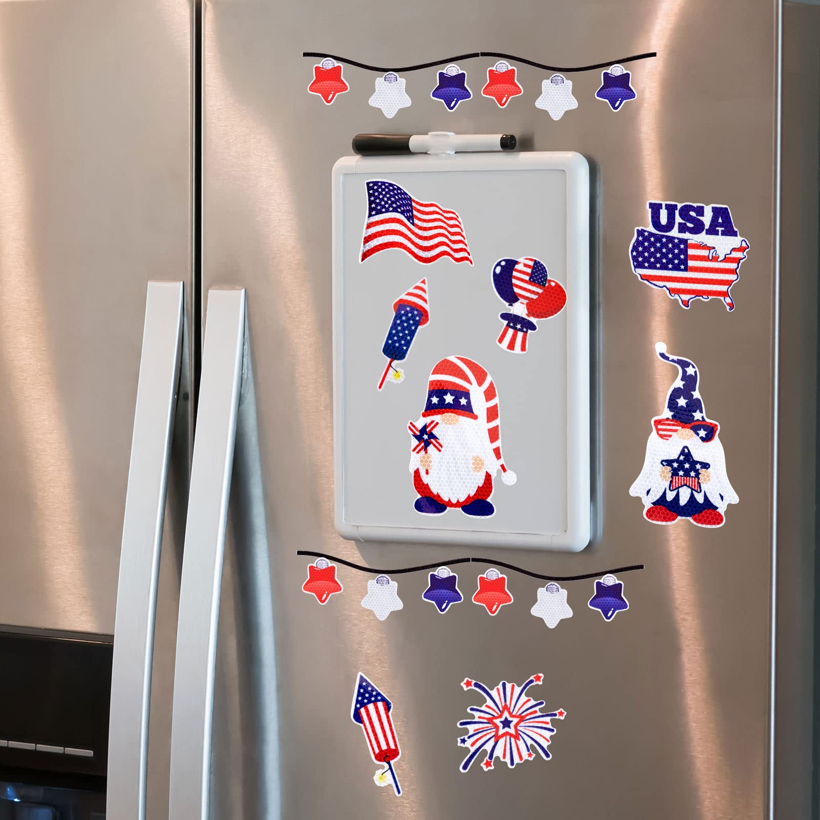 Whaline 24Pcs 4th of July Reflective Car Magnets Patriotic Refrigerator Magnets Independence Day Gnome Fridge Decor USA Flag Star Bulb Light Magnet with Lines for Kitchen,Metal Door,Cabinets,Mailbox