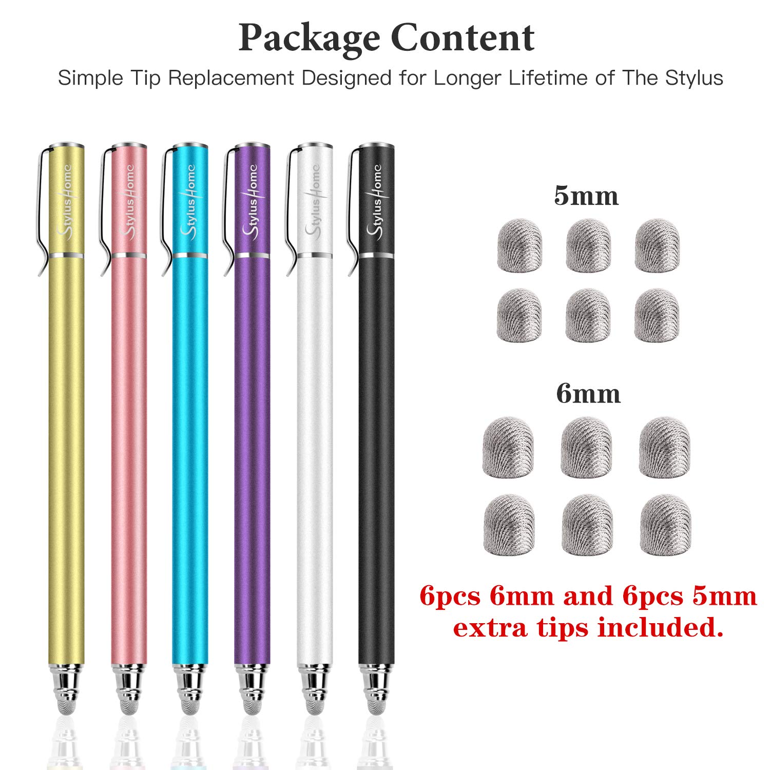 StylusHome Stylus Pens for Touch Screens(6 Pcs),Sensitivity 2 in 1 Fiber Tips Capacitive Stylus with 12 Extra Replaceable Tips for iPad iPhone Tablets Samsung Galaxy All Universal Touch Screen Devices