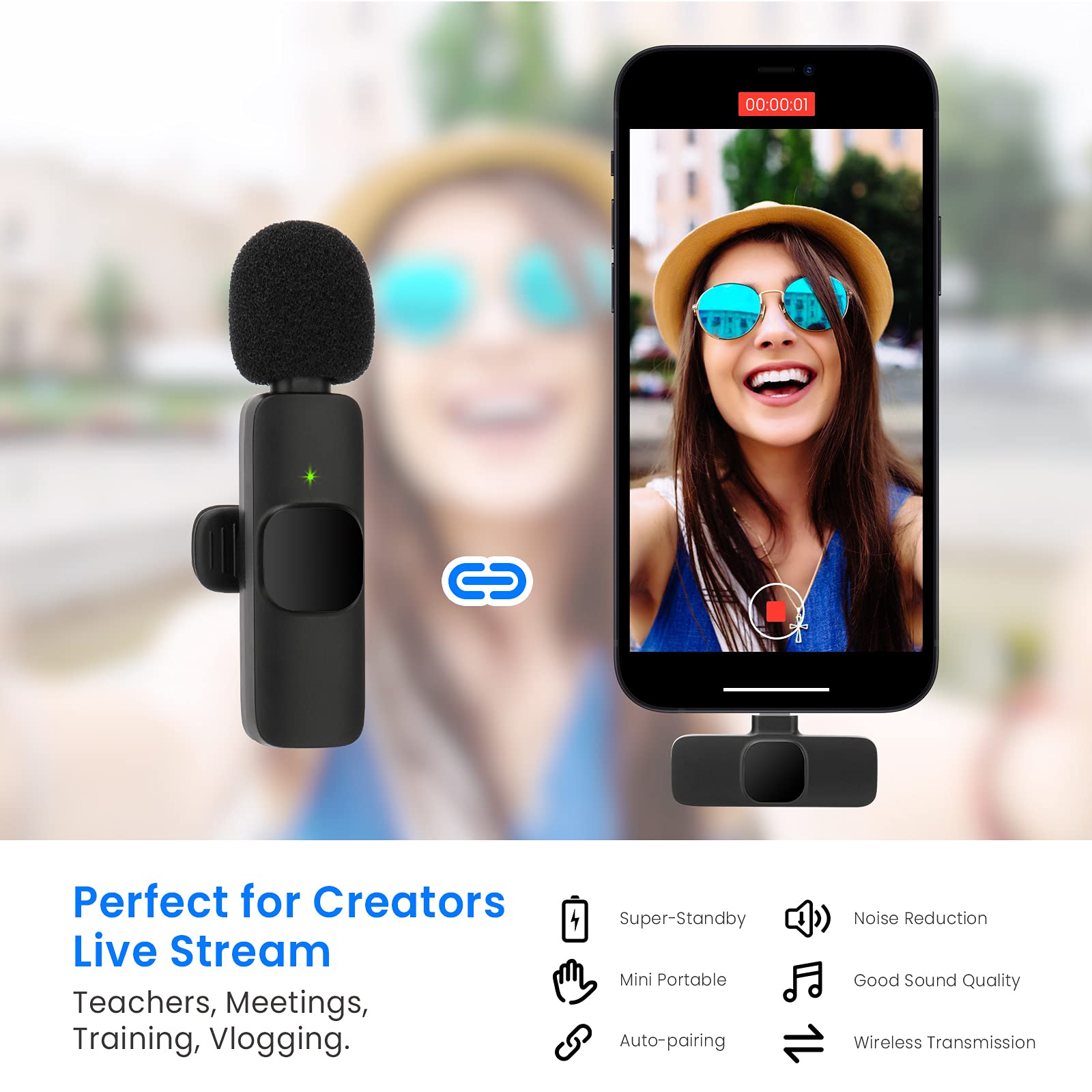 Wireless Lavalier Microphone for iPhone - Plug and Play 2.4GHz Cordless Lapel Mic for Recording YouTube, Facebook Live Stream, Vloggers, Interview, Conference, Tiktok, Podcast, Vlogging | Black