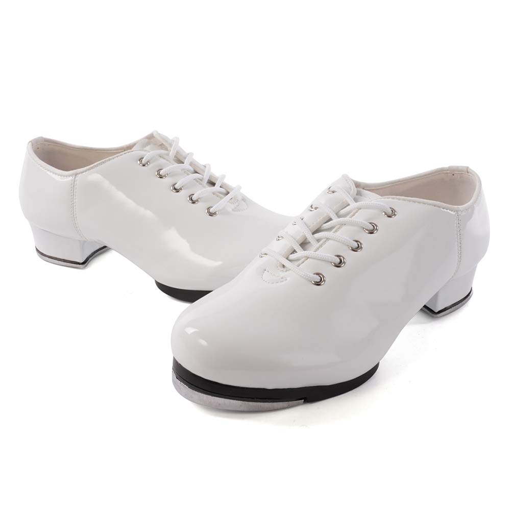 SWDZM Women's & Men's & Kid's Jazz Tap Dance Shoes Tap-Flex Patent Leather Tap Shoe,WXLDD-Tap,White,10.5 US