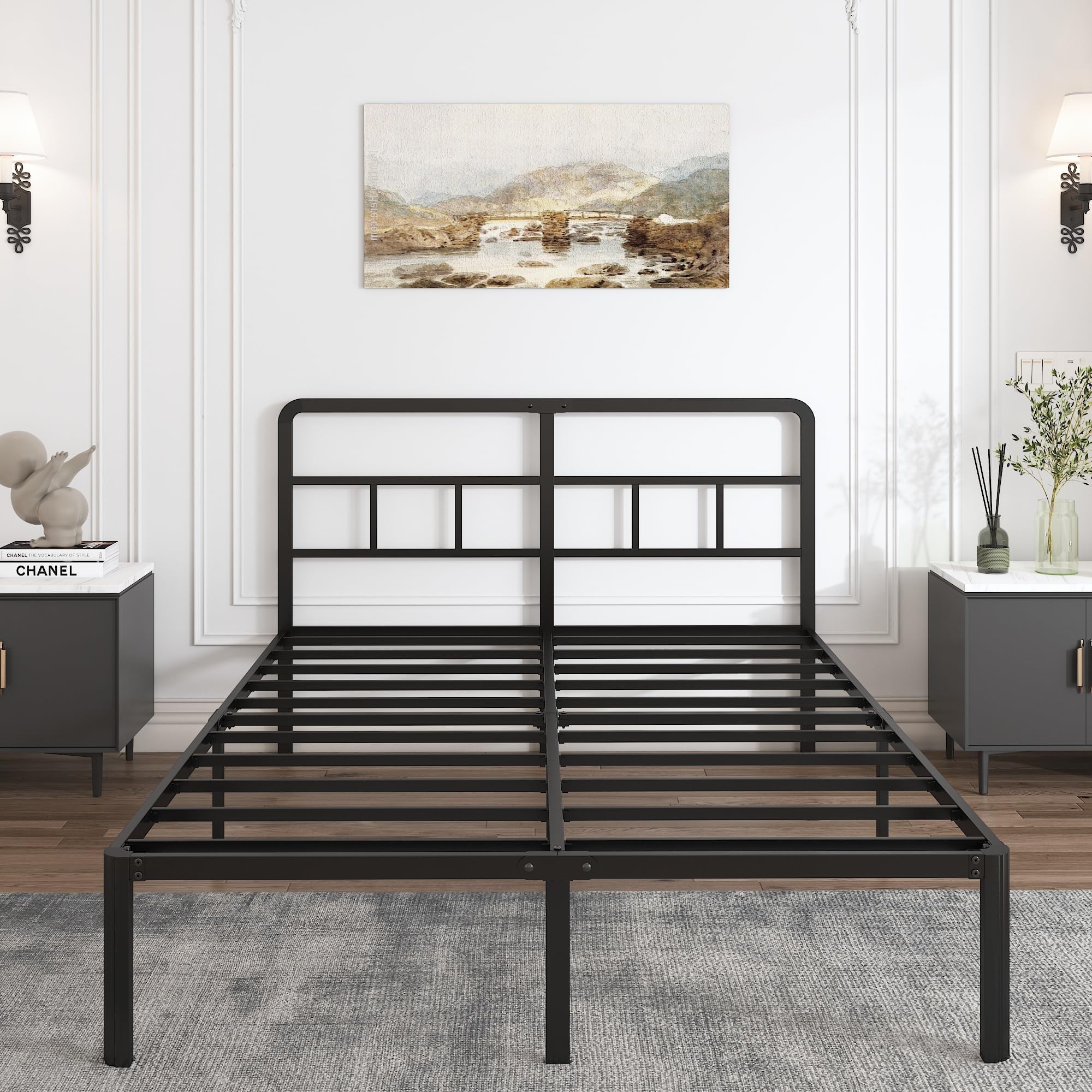 Riwanca 14 Inch Full Size Bed Frame with Headboard, No Box Spring Needed, Heavy Duty Black Metal Platform Mattress Foundation with Rounded Corners, Non-Slip Noise Free, Under Bed Storage Space