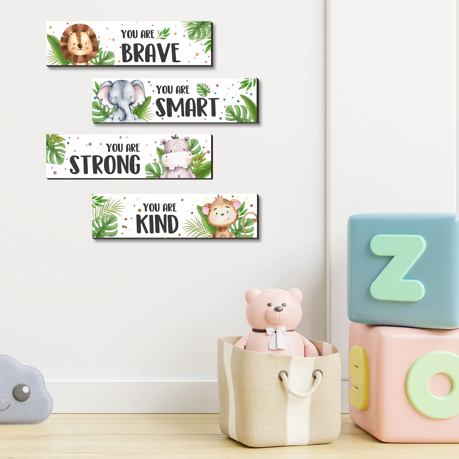 UBLURO 4 Pieces Jungle Animals Wall Art Decors - Motivational Wall Art,Jungle Animals Wooden Hanging Wall Prints Plaques,Jungle Animals Room Decor for Boys Room