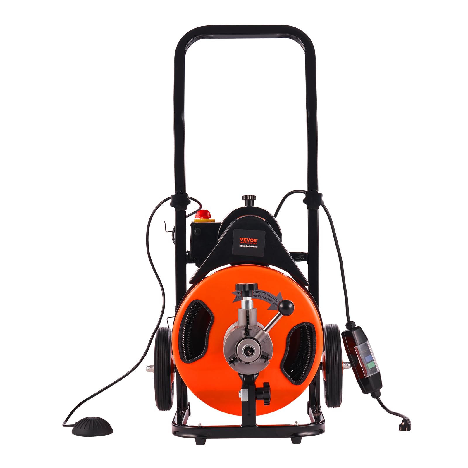 VEVOR Sewer Snake Machine 50FTx1/2Inch, Drain Cleaning Machine with 4 Wheels, Electri Drain Auger 4 Cutters & Foot Switch for 1''- 4''Pipes