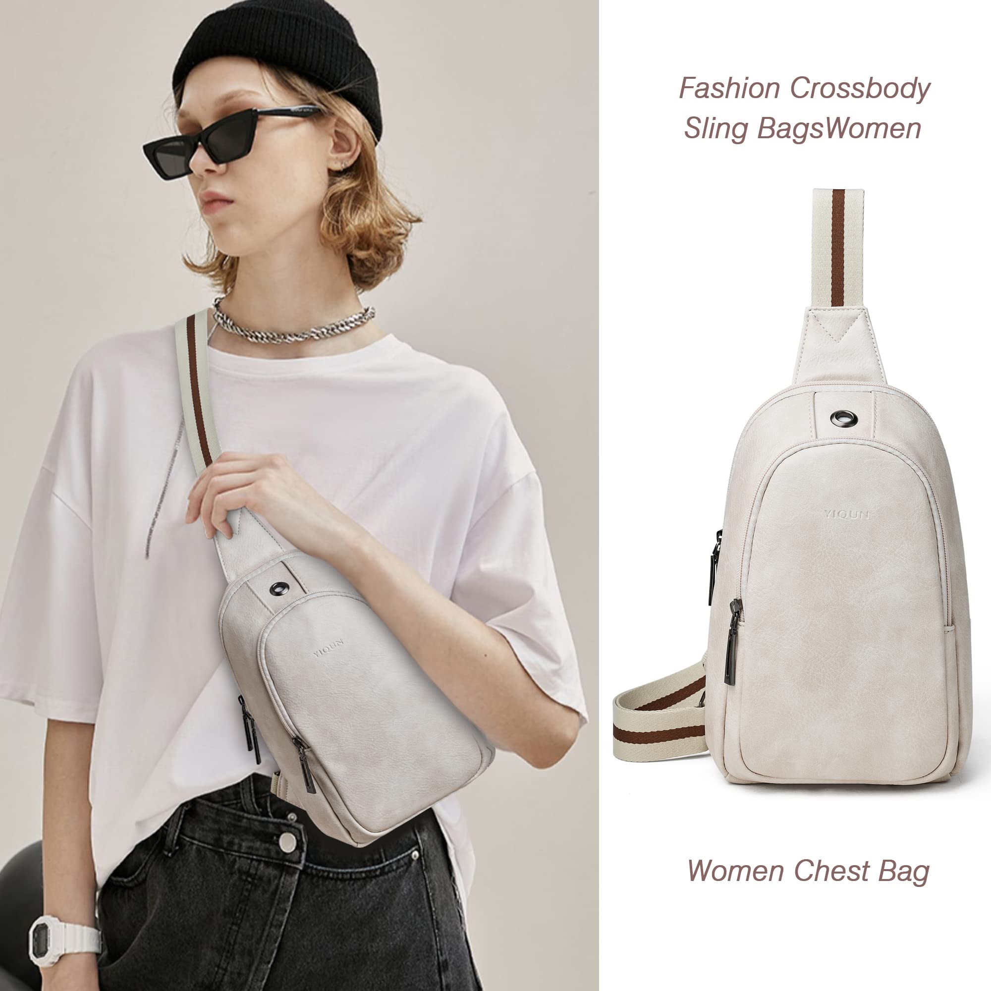 YIQUN Women's Leather Sling Bag, Fanny Pack for Travel, Hiking - Rice White