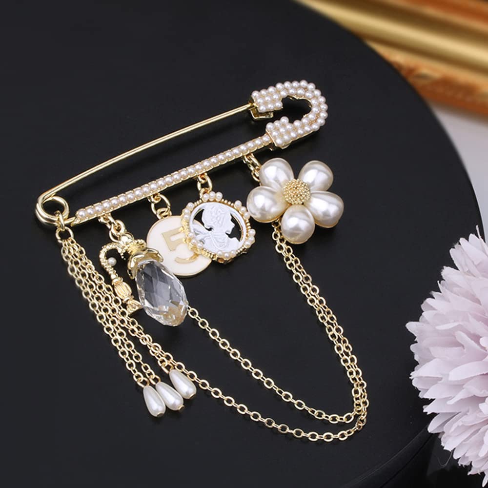 Vintage Imitating Pearl Lucky Number Five Brooch Pin with Hanging Chain Jewelry for Women