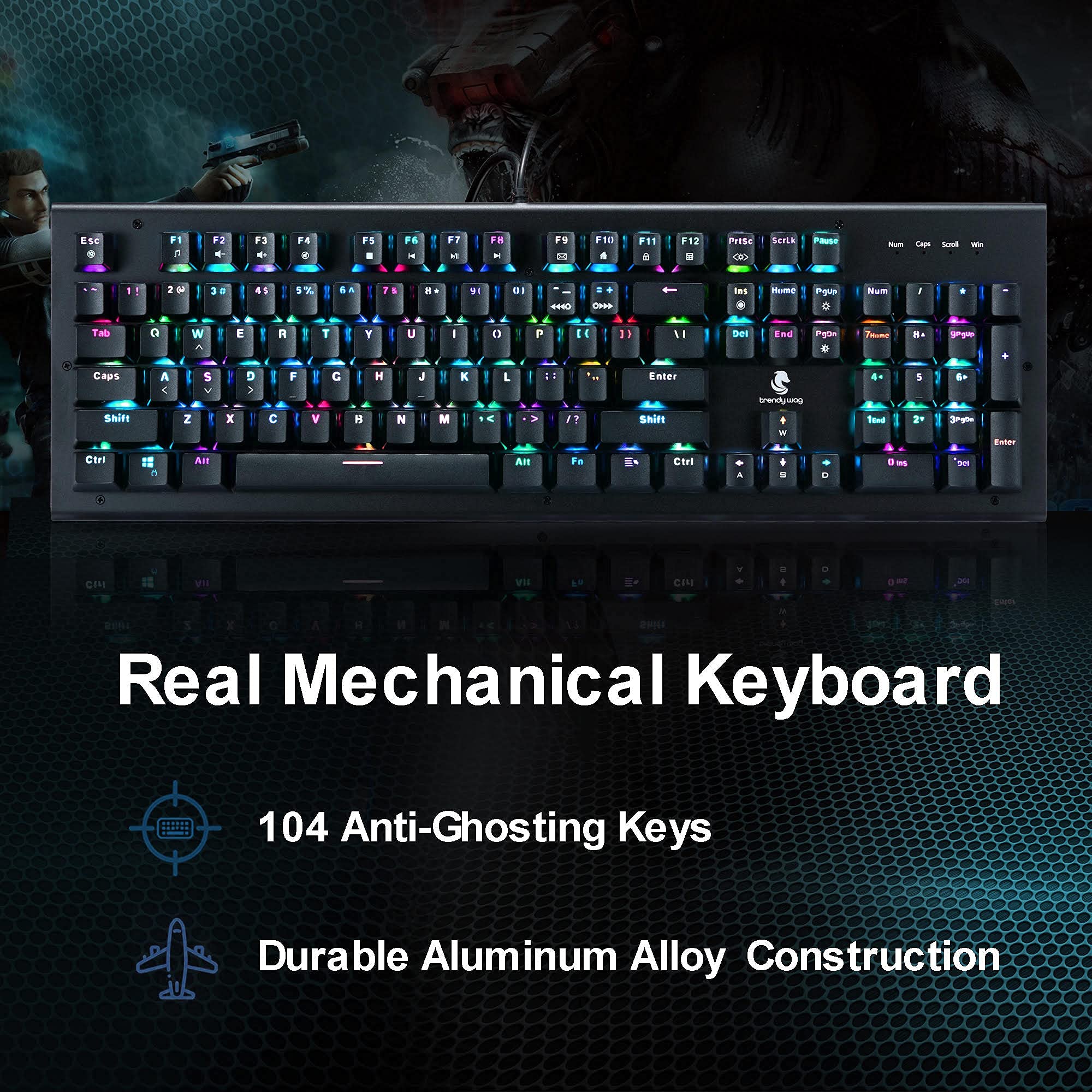Trendy Wag Mechanical Gaming Keyboard Wired RGB Backlight Aluminum Base 104 Anti-Ghost Keys Blue Switches Multimedia Macros for Mac & Windows - Full Size