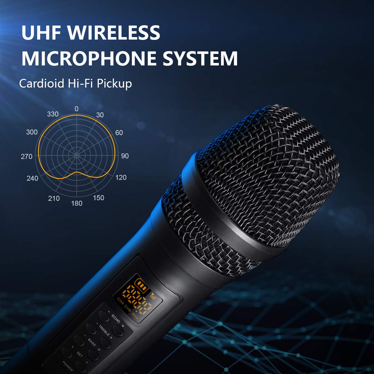 Wireless Microphone, Dual Professional UHF Cordless Dynamic Mic Handheld Microphone System with Echo/Treble/Bass, Receiver 30 Adjustable Channels, 328ft Long Range for Amplifier, DJ, Party etc.