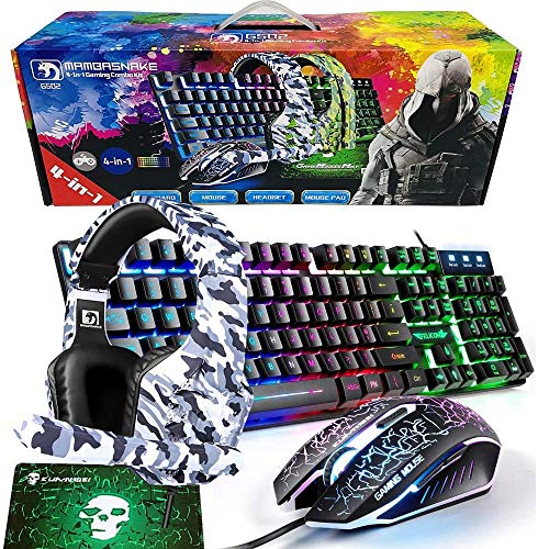 XINMENG 4-in-1 Gaming Keybaord Mouse Headset Combo,RGB Rainbow LED Backlight Gamer Keyboard and Crack Game Mouse Illuminate 3.5mm Stereo Camouflage Headphone for Laptop Computer PC Games