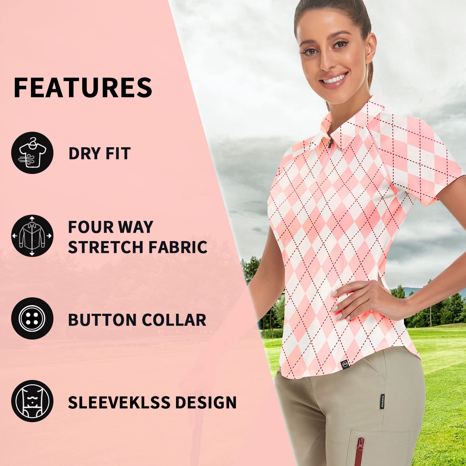 Women's Golf Polo Shirts Short Sleeve Lightweight Quick Dry Athletic Tennis Tops Half Zip Pullover (M, Plaid Pink)