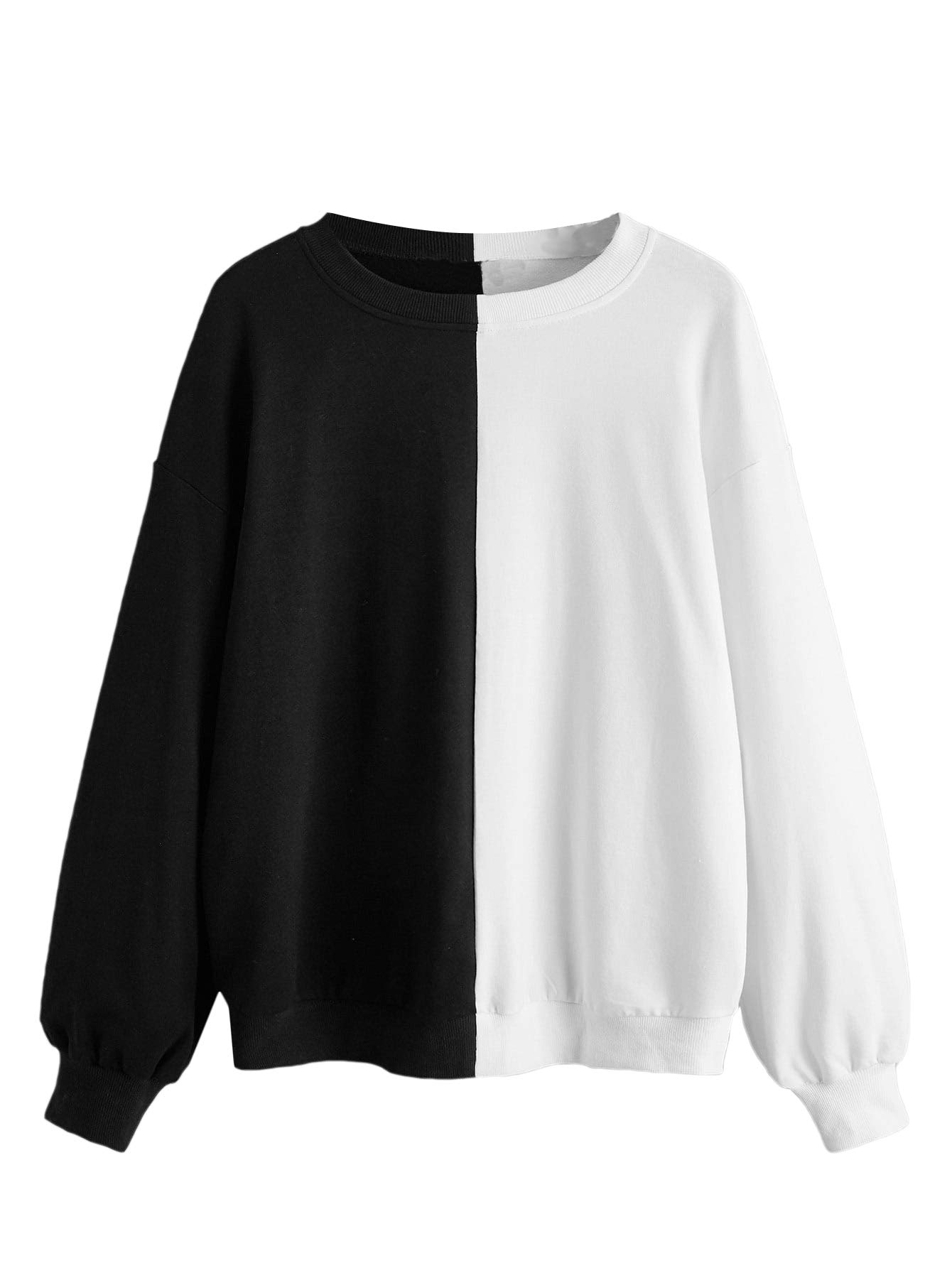 SweatyRocks Women's Crew Neck Color Block Long Sleeve Tunic Pullover Sweatshirt Top Black White XL