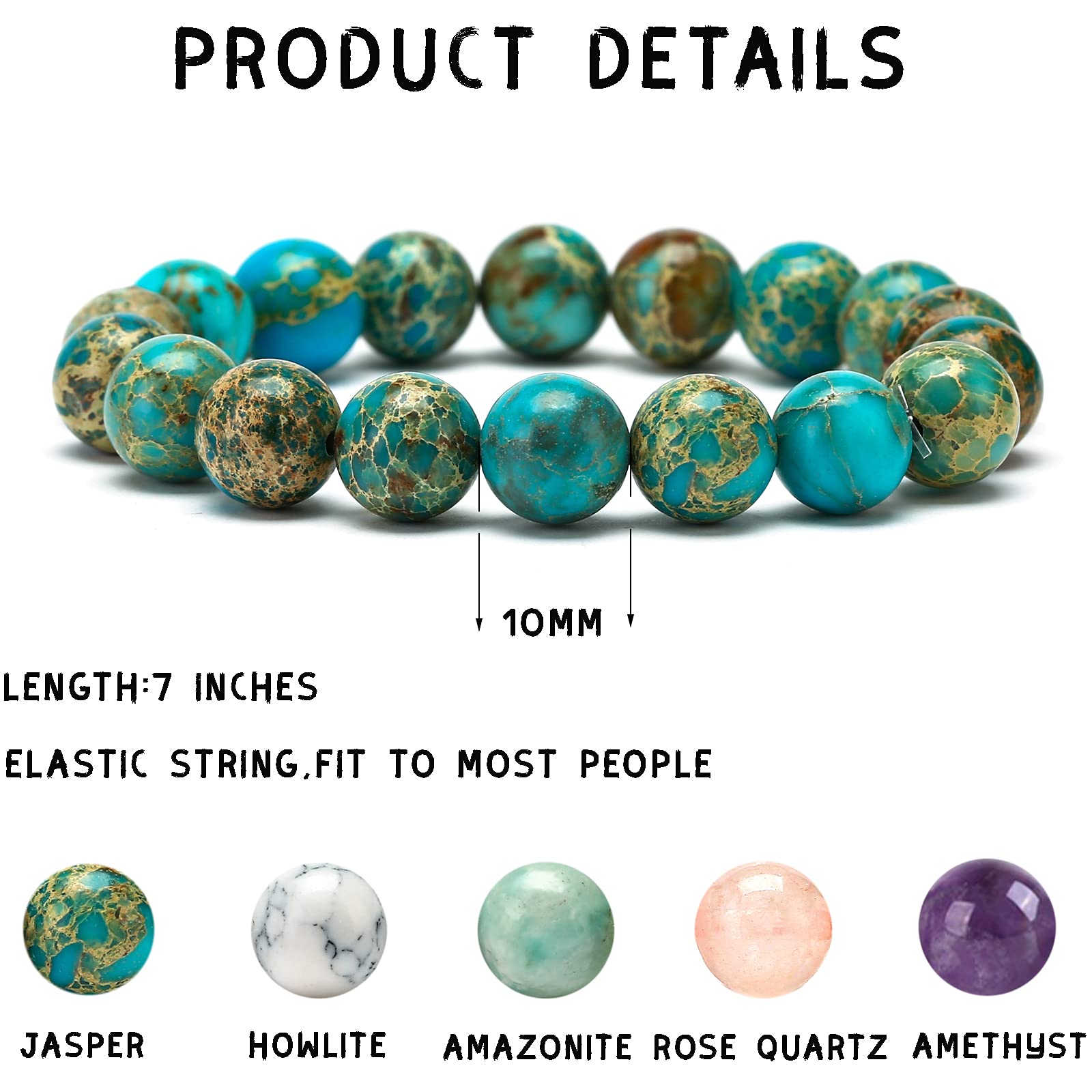 WAINIS 5 Pcs 10mm Semi-Precious Gemstones Beaded Bracelets for Men Women Crystal Stretch Beaded Bracelet Unisex