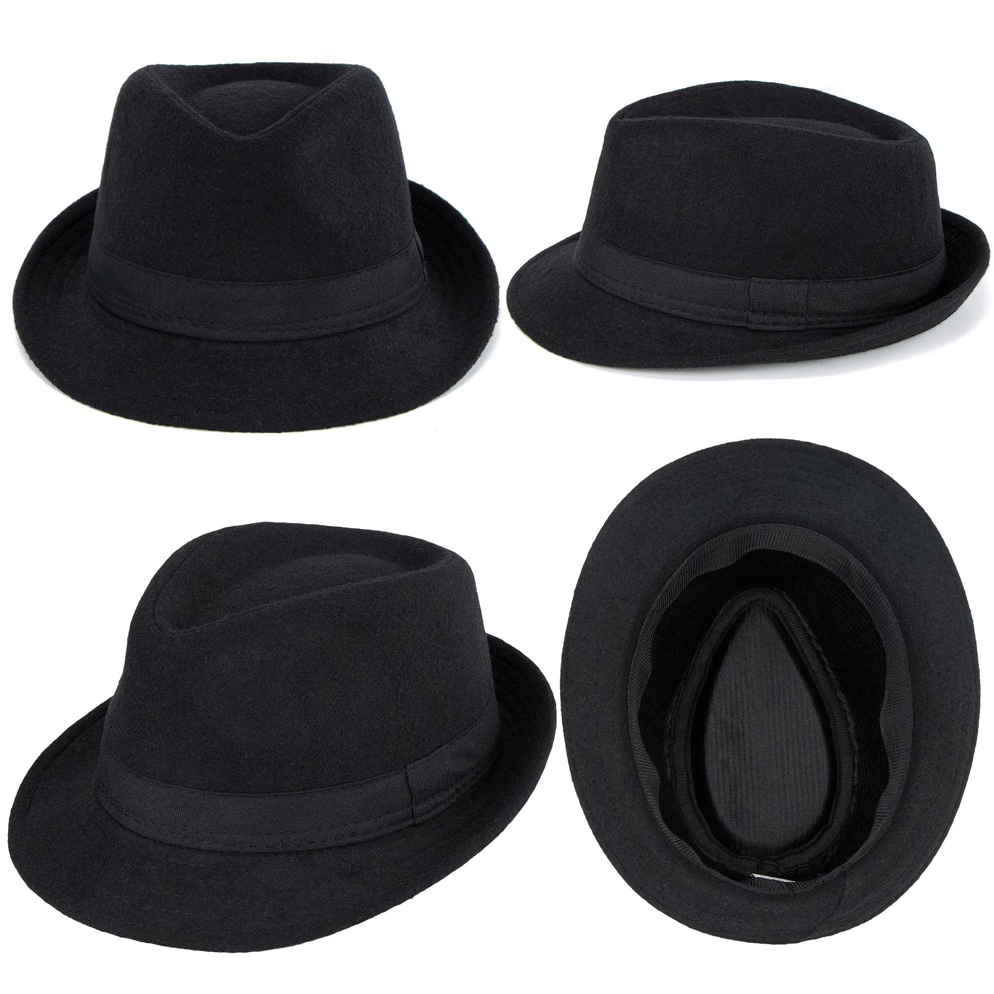 Unisex Classic 20s Trilby Fedora-Hat Casual Manhattan Short-Brim Structured Gangster Panama Felt Jazz Cap Black
