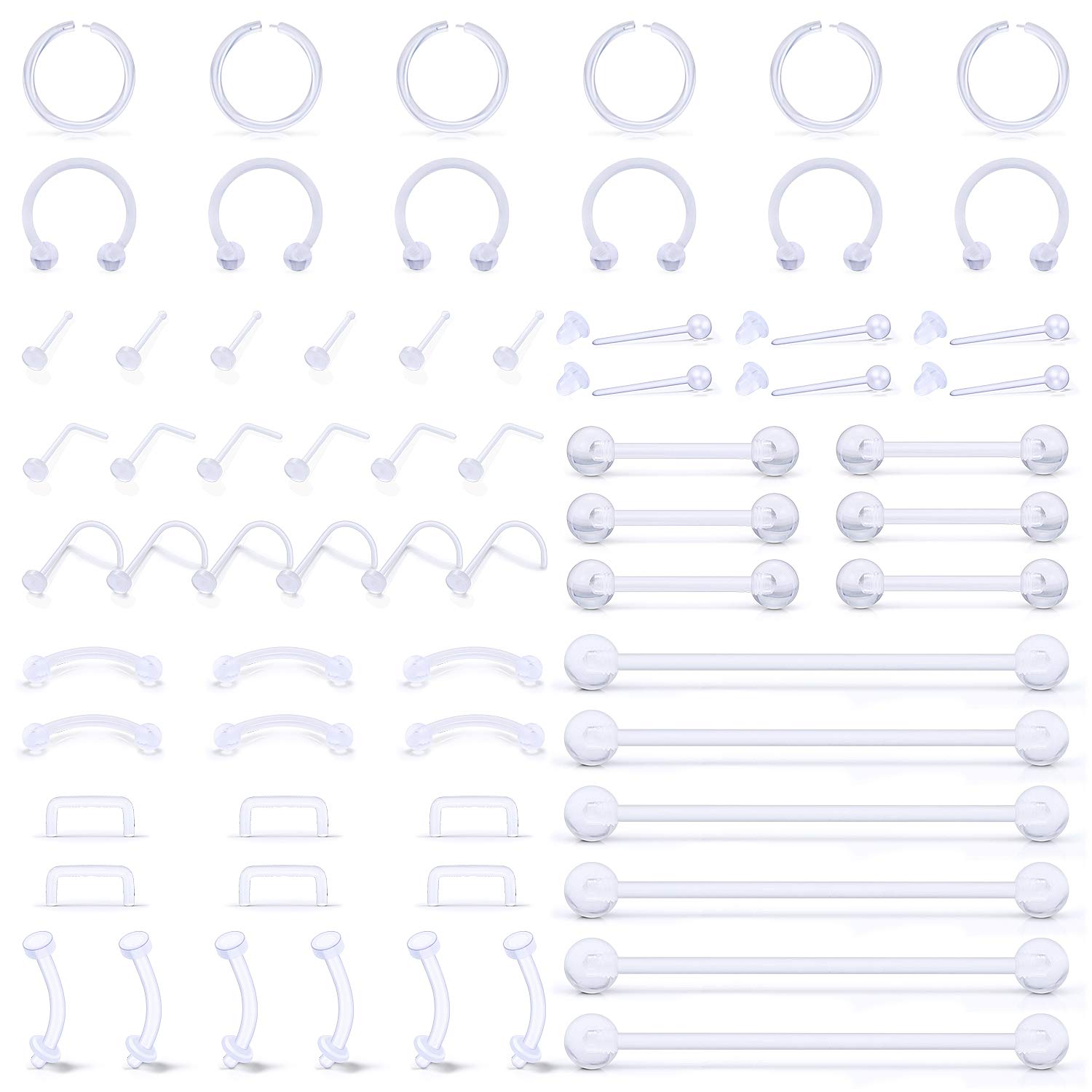 SCERRING 66PCS Clear Piercing Retainer Septum Nose Studs Flexible Lip Ear Nose Hoop Tongue Rings Nipple Ring Cartilage Rook Daith Earrings Plastic Industrial Piercing Jewelry Retainer