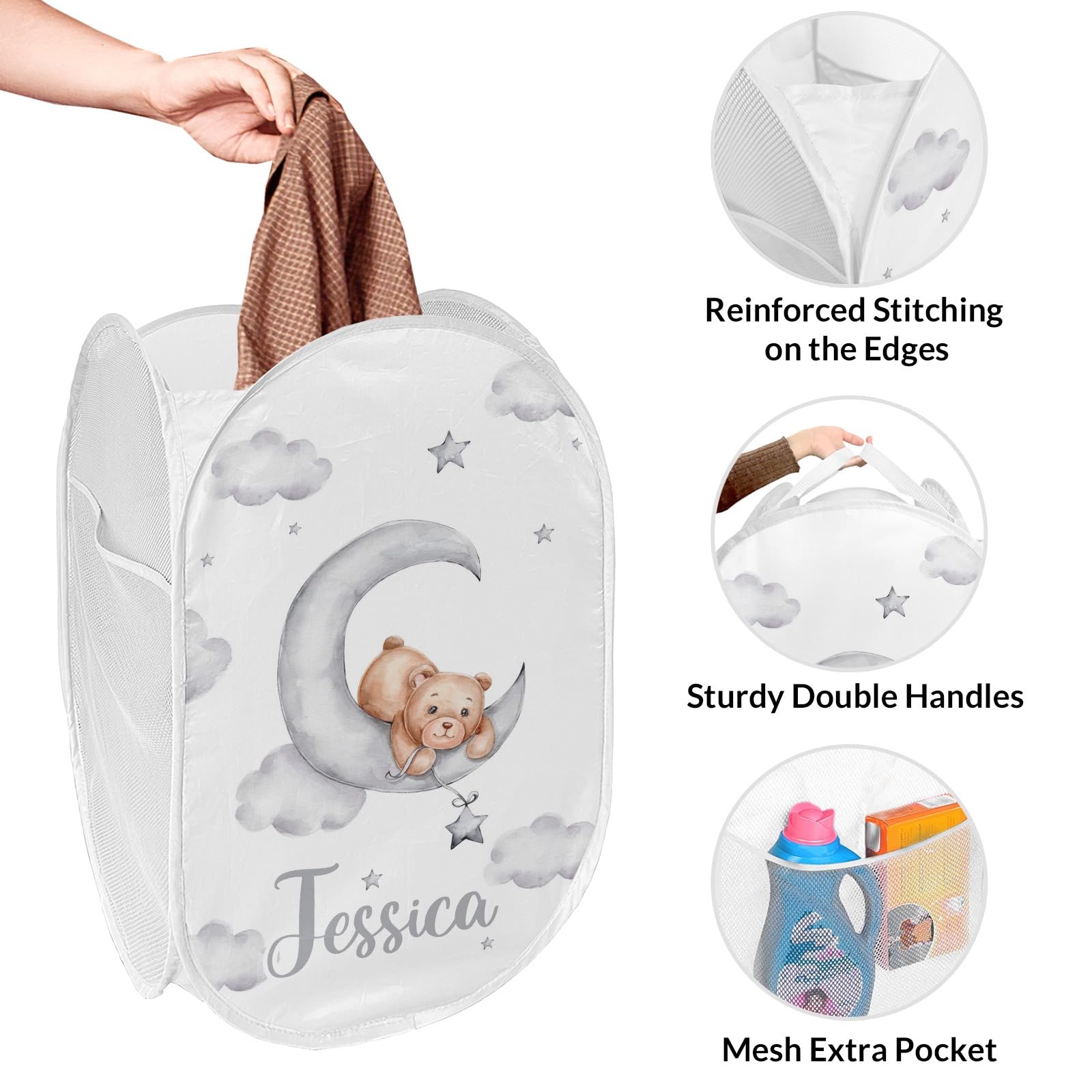 Teddy Bears Moon Clouds Stars Personalized Foldable Laundry Baskets Custom Toy Bag Storage Bag with Handle Customize Mesh Hamper Suitable for Bedroom or Bathroom