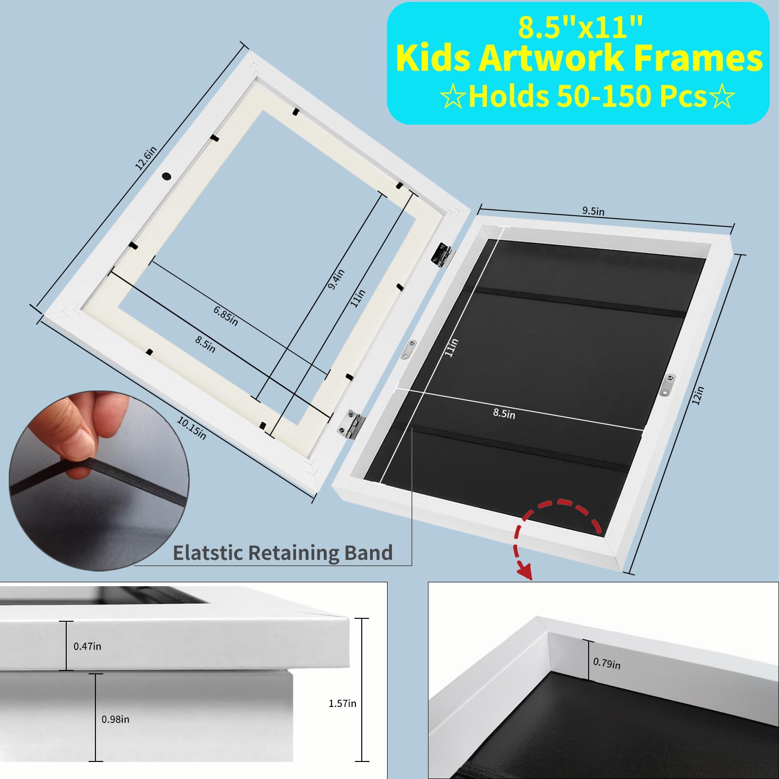 RCOSULI Kids Art Frames,[2-Pack] 8.5x11Front Opening Kids Artwork Frames Changeable,White Childrens Art Project Display Storage Frames Holds 50-150 Pcs,for Kids Drawings,Picture,Crafts,Artworks