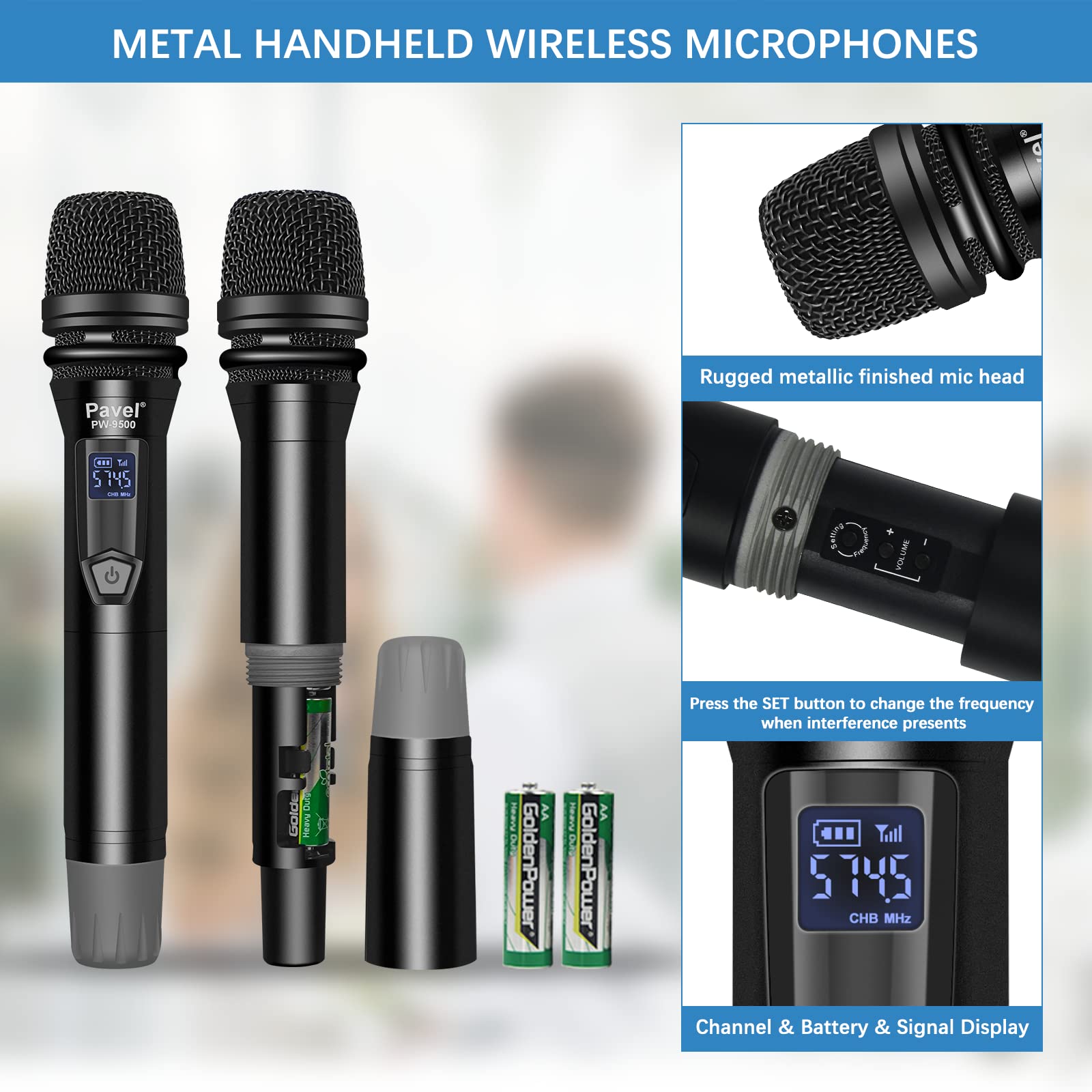 Wireless Microphone System, Pro Quad Channels UHF Karaoke Microphone Wireless, Auto Scan, Adjustable Frequency, 328ft Range, Wireless Mic for Church, Karaoke, Singing, Wedding, Speech, DJ, Outdoor