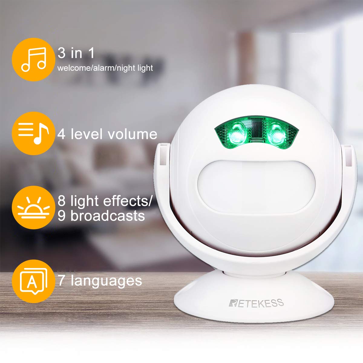 Retekess TD107 Motion Sensor Alarm,Wireless Infrared Home Security System,4-Level Volume Adjustment,9 Chime Tunes,PIR Detector for Home,Shop,Store