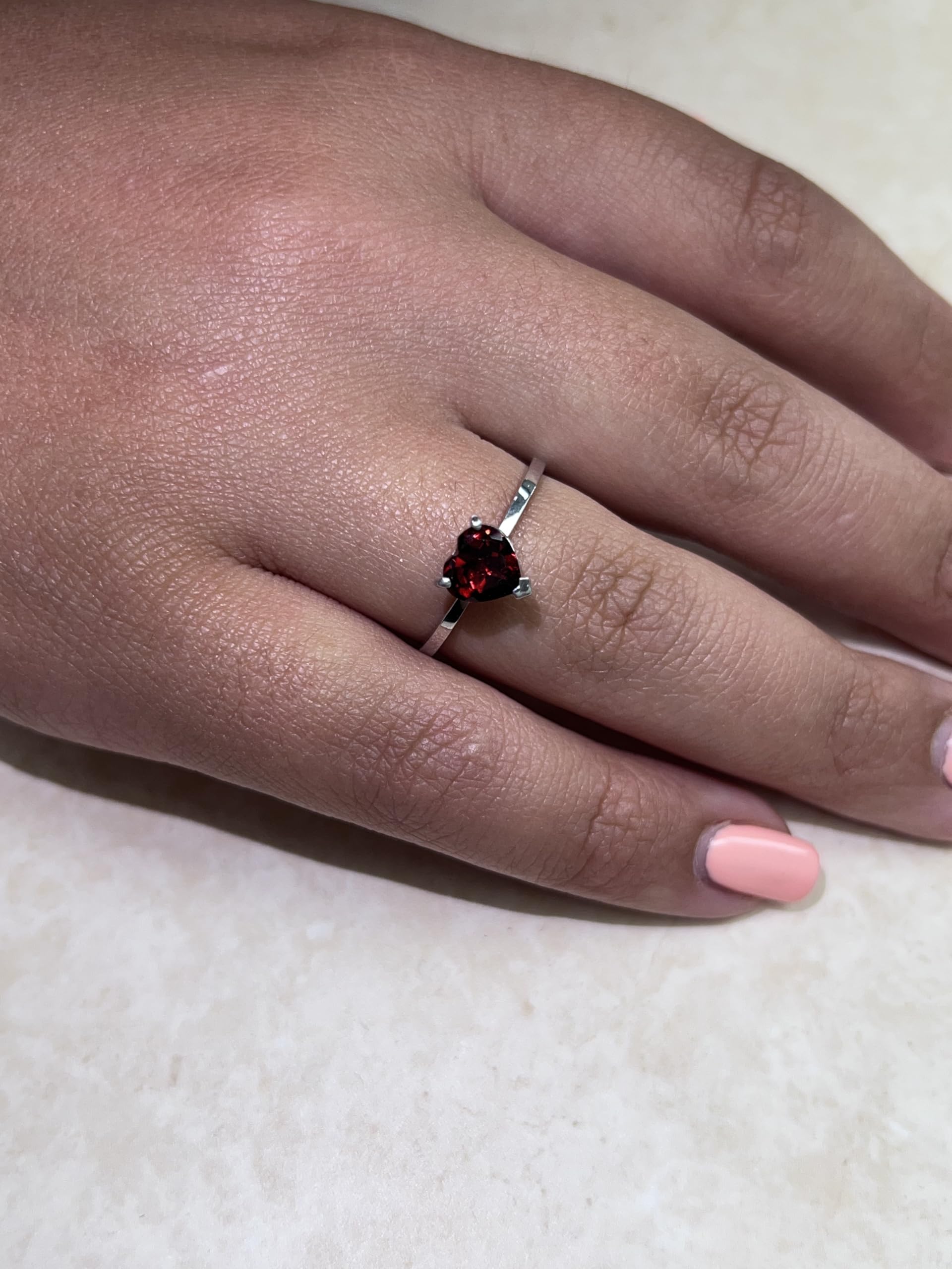 Takar Solid Sterling Silver Solitaire Heart-Shaped Genuine Garnet Ring, Engagement Wedding Band Ring Jewelry for Woman, Made in USA.(Size 10)