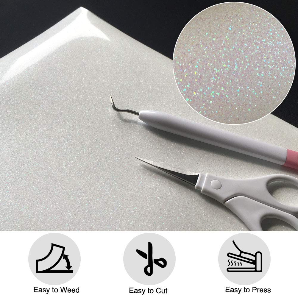 TeeArtist White Glitter HTV Iron On Heat Transfer Vinyl for T-Shirts, 12"x10" Sheets, 5 Pack, Glossy Rainbow Surface, Easy for All Craft Cutters
