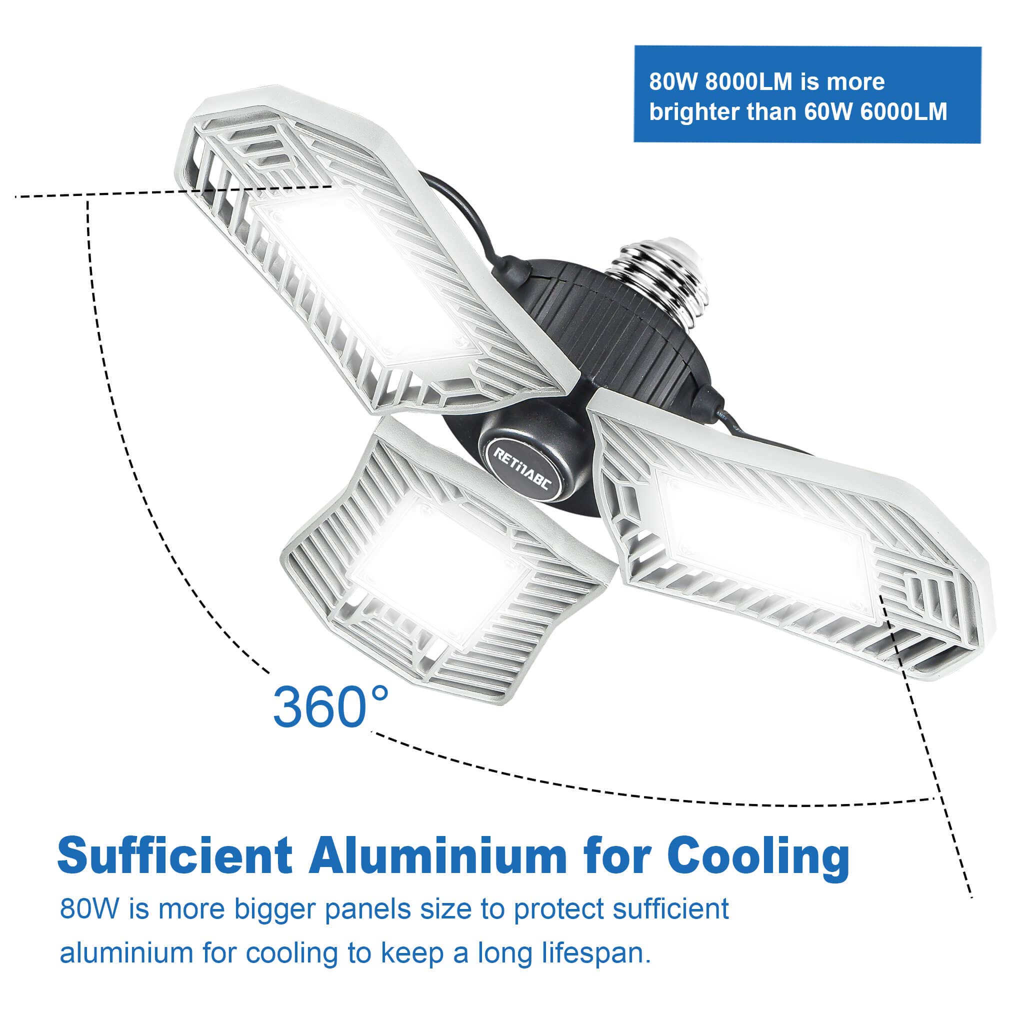 Retinabc B07ZX6SJG4-M Deformable, 80W 8000LM 6000K, E26 LED Bulb Shop Light for Garage, Ceiling Basement, Workshop, Warehouse (No Motion Activated), Silver