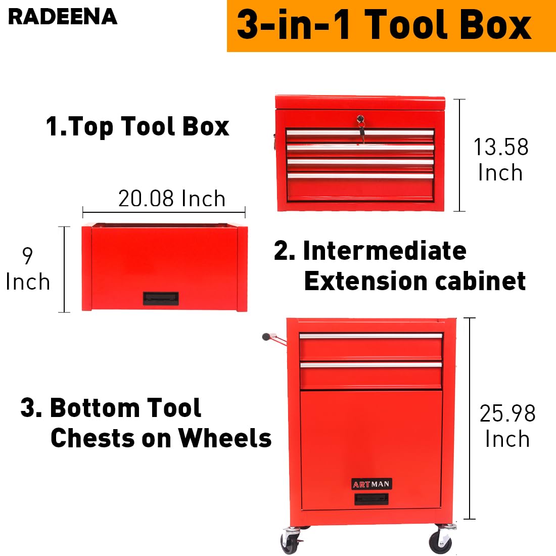 Rolling Tool Chest High Capacity Tool Storage 9 Drawers 3 in 1 Cabinets Mechanic Tool Cart with Auto Locking System Tool Box Organizer Lockable Wheels Detachable Top for Workshop (RED)