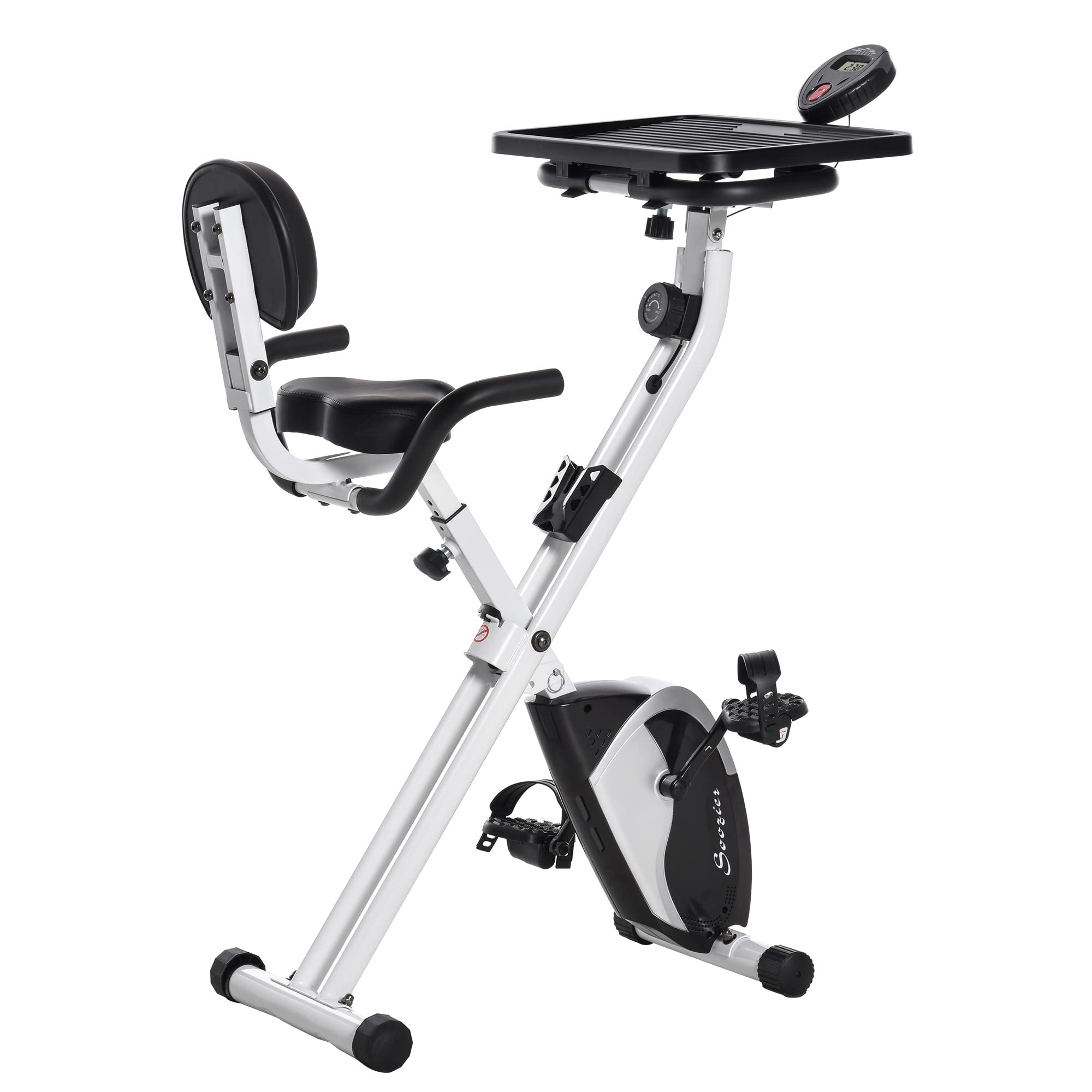 Soozier Stationary Exercise Bike with Adjustable Desktop, Seat Height and Resistance, 3lb Flywheel and Foldable Space-Saving Design, White