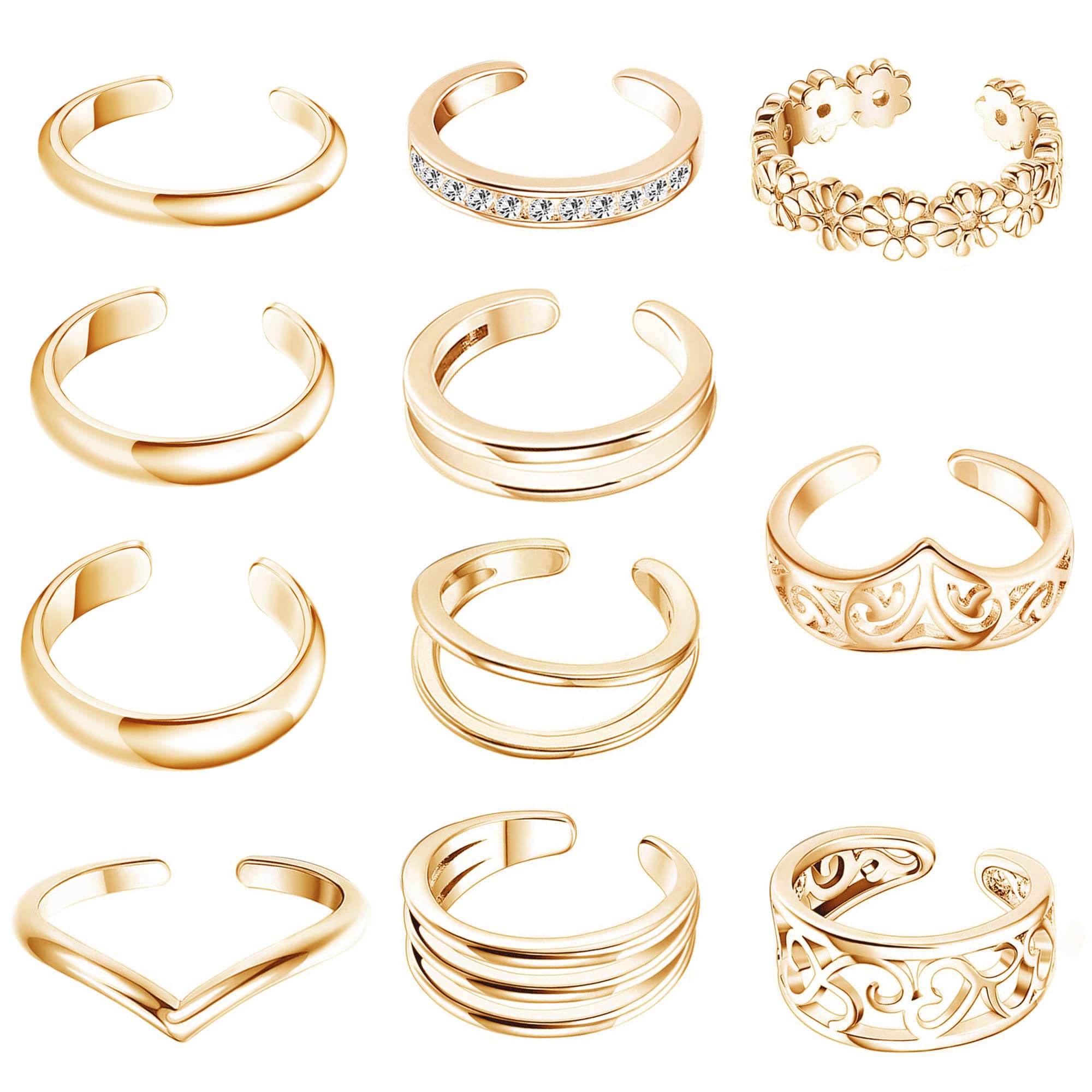 Subiceto 11 PCS Toe Rings for Women Adjustable Open Wave CZ Hollow Flower Celtic Knot Simple Band Knuckle Tail Ring Set