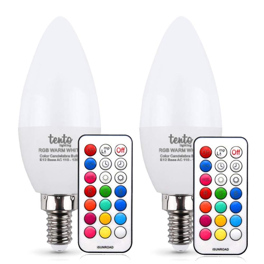 tento Lighting E12 Candelabra Base, Dimmable Bullet Top Multi-Colored Remote Controlled Chandelier Party Lights LED Bulb, Warm White, 3w (250 Lumens) (2/Pack)
