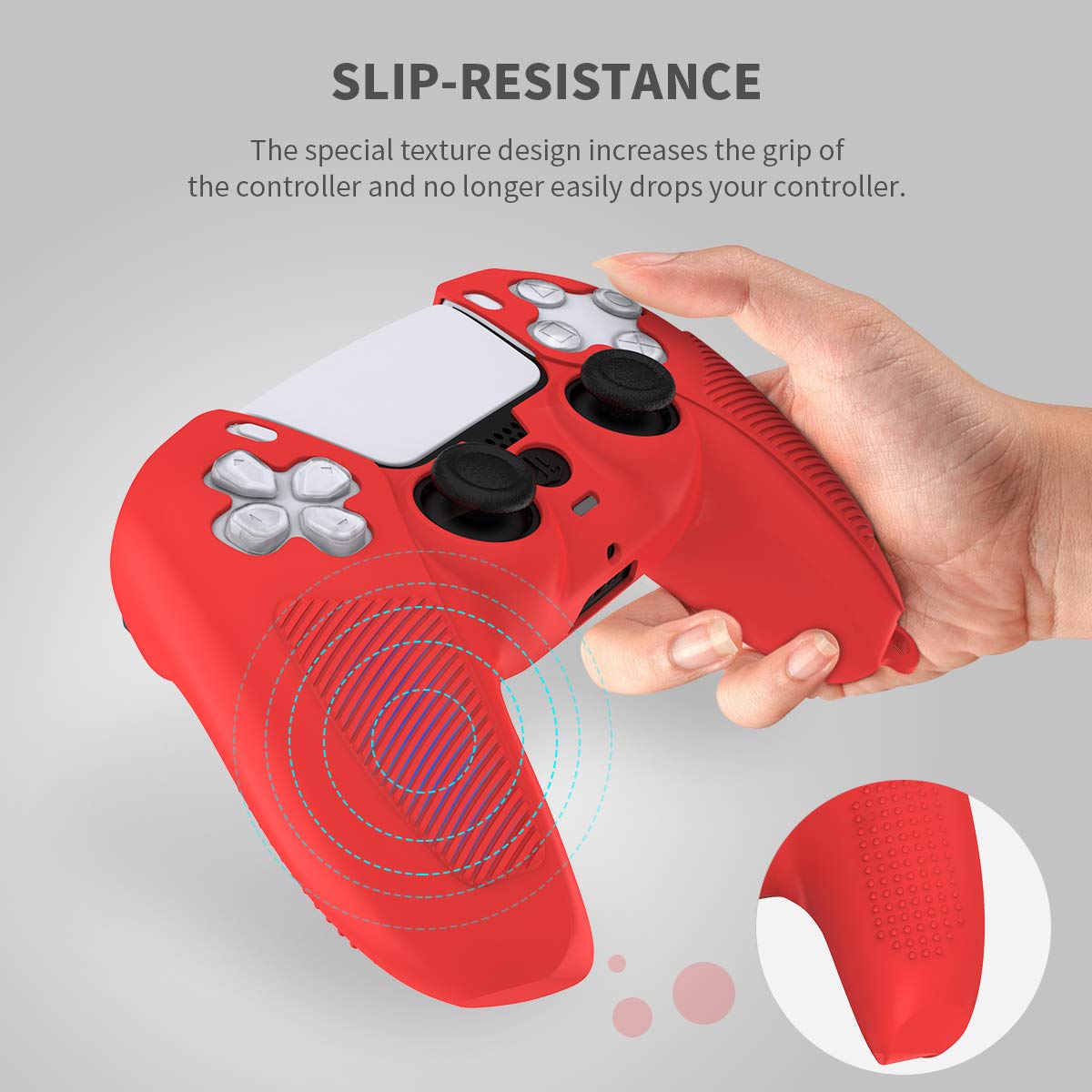 TOLUOHU Silicone Case Cover Skins for Sony PS5 DualSense Controller, Anti-Slip Design Silicone Protector Case Accessories Set for Playstation 5 Gamepad with 4 Thumb Grips/1 Hand Strap(Red)