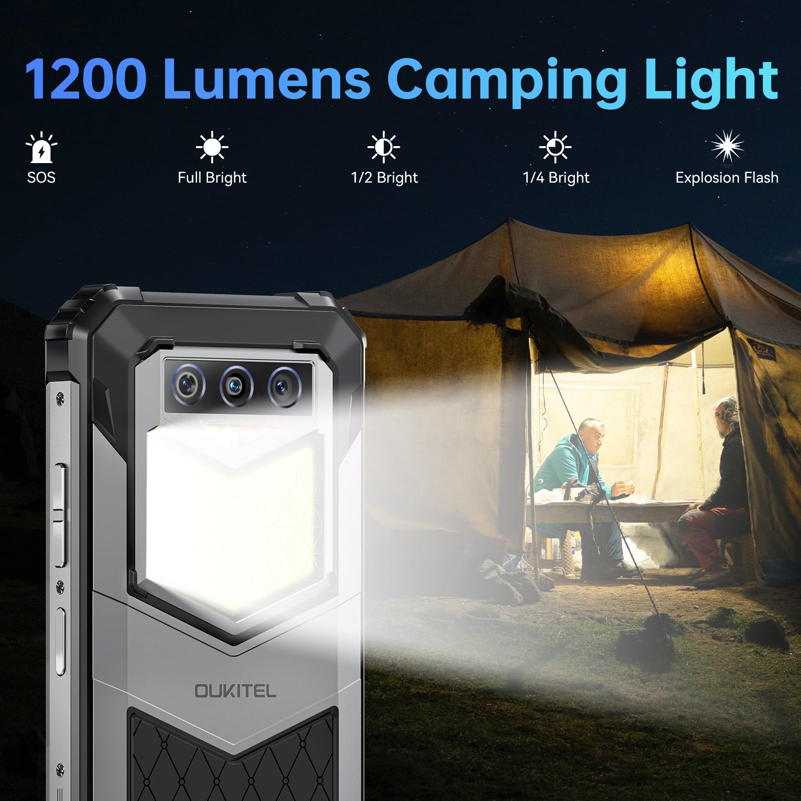 OUKITEL WP26 Rugged Smartphone Unlocked, 16GB RAM, 1200 Lumen Camping Light, 10000mAh Battery, IP68 Waterproof, Android 13, 48MP Camera, Dual SIM, 256GB Storage, 6.58" FHD+ Display