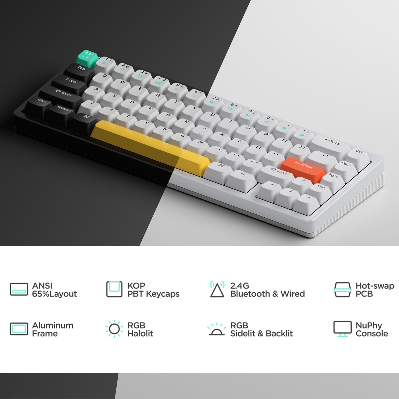 nuphy Halo65 Mechanical Gaming Keyboard with PBT Keycaps, 65% RGB Hot-swap Wireless Keyboard, Supports Bluetooth、2.4G and Wired Connection,Compatible with Mac and Windows-Black(Baby Raccoon Switch)