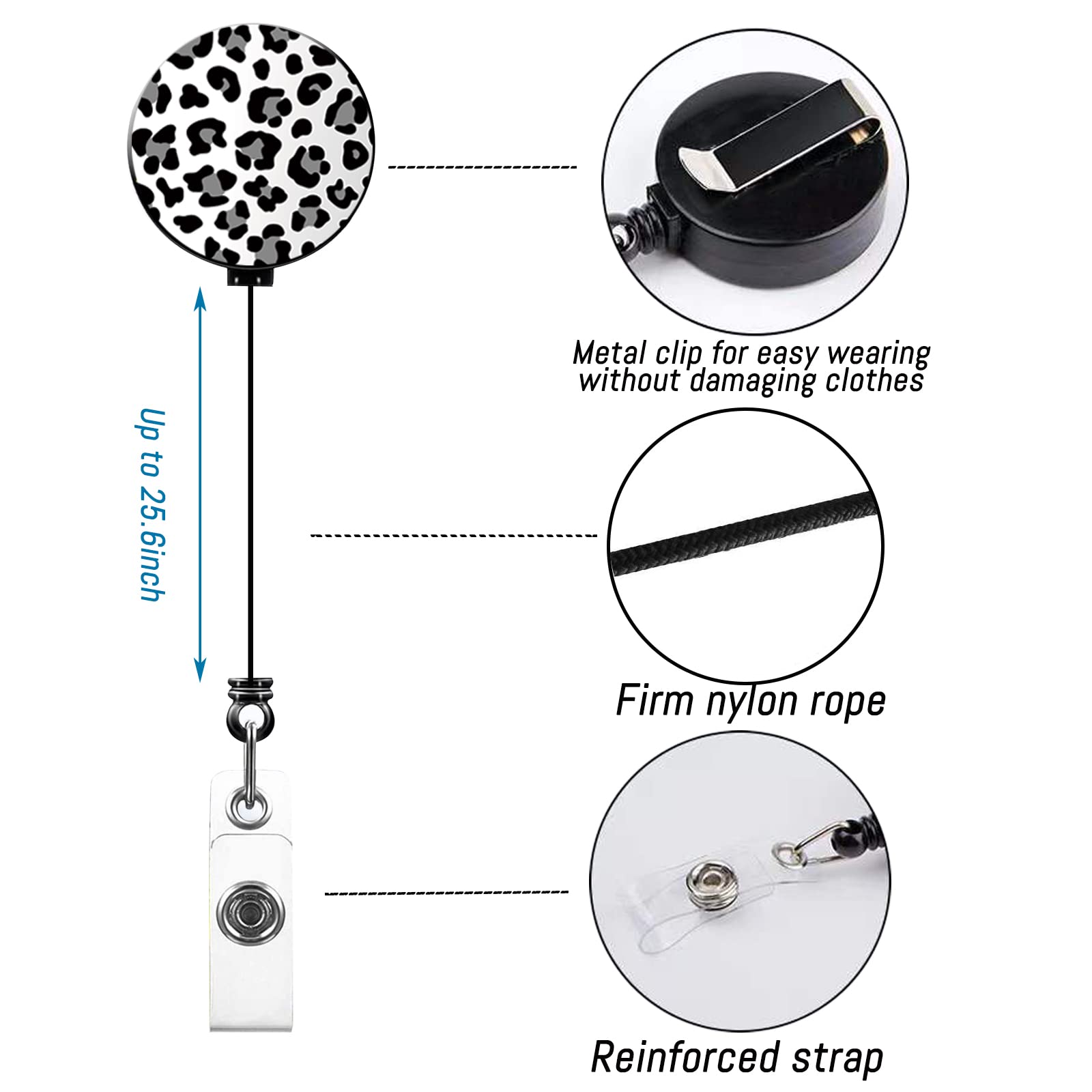 Retractable Badge Holder, with Carabiner Scroll Clip and Keychain, Vertical ID Card Badge Holder, Cute and Fashionable Design Snow Leopard, Badge Holder for Office, Nurse, Teacher(Snow Leopard)
