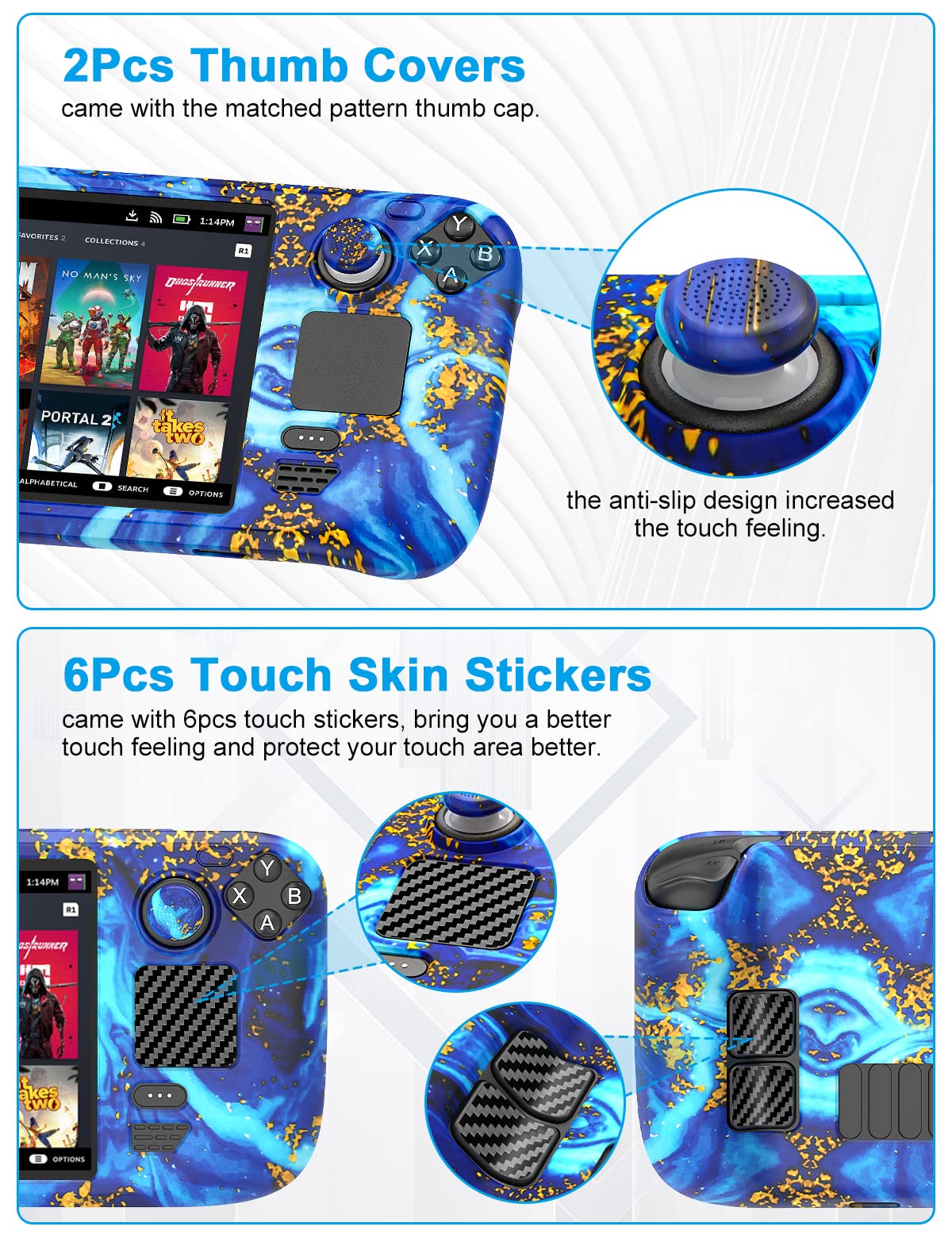 YIZEIJOB Protective Silicone Case for Steam Deck/Steam Deck OLED, Accessories Set for Steam Deck, Includes Protector Cover Skin, Stand Dock Base, Touch Skin Stickers & Thumb Cap(Blue)