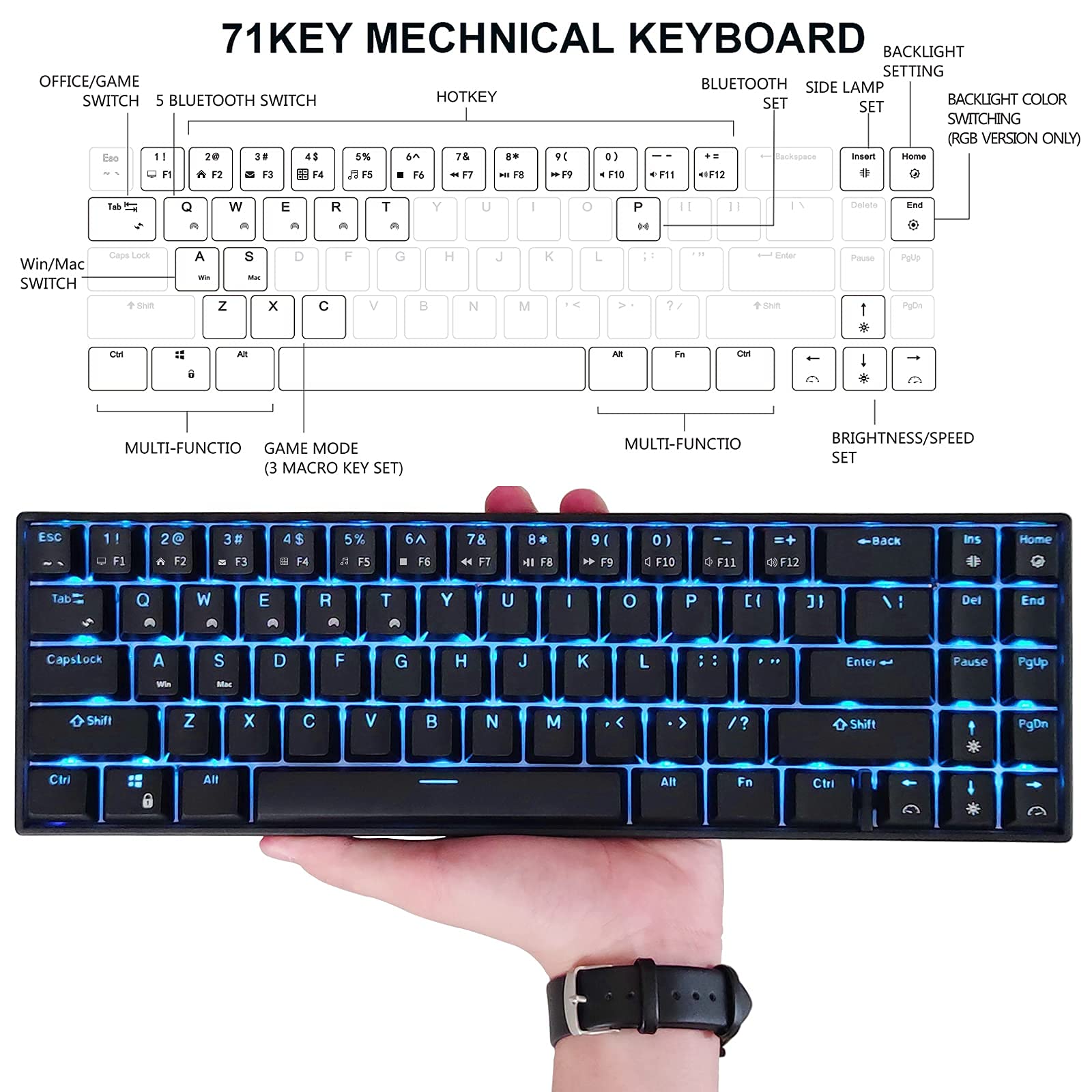 RK ROYAL KLUDGE RK71 Mechanical Keyboard 70% Compact Bluetooth Keyboard 71 Keys,Tenkeyless USB Wired/Wireless Portable Gaming/Office with Stand-Alone Arrow Keys for Windows MacOS (Red Switch-Black)