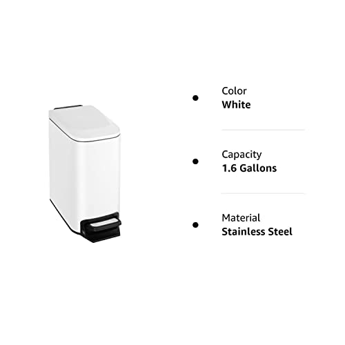 TrashAid Small Bathroom Trash Can with Lid Soft Close, 6 Liter / 1.6 Gallon Stainless Steel Garbage Can Narrow with Removable Inner Bucket, Step Pedal (White)