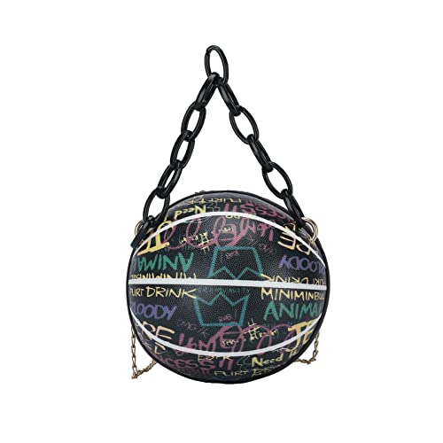 Womens Cross Body Handbag Basketball Shaped Chain Round Messenger Tote Shoulder PU Leather All-match Satchel Small Bag (Graffiti A)