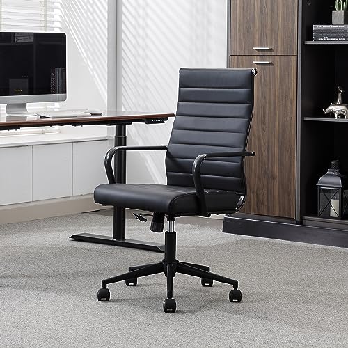 Okeysen White Office Desk Chair, Pure White Ergonomic Leather Modern Conference Room Chairs, Executive Ribbed Height Adjustable Swivel Rolling Chair for Home Office.