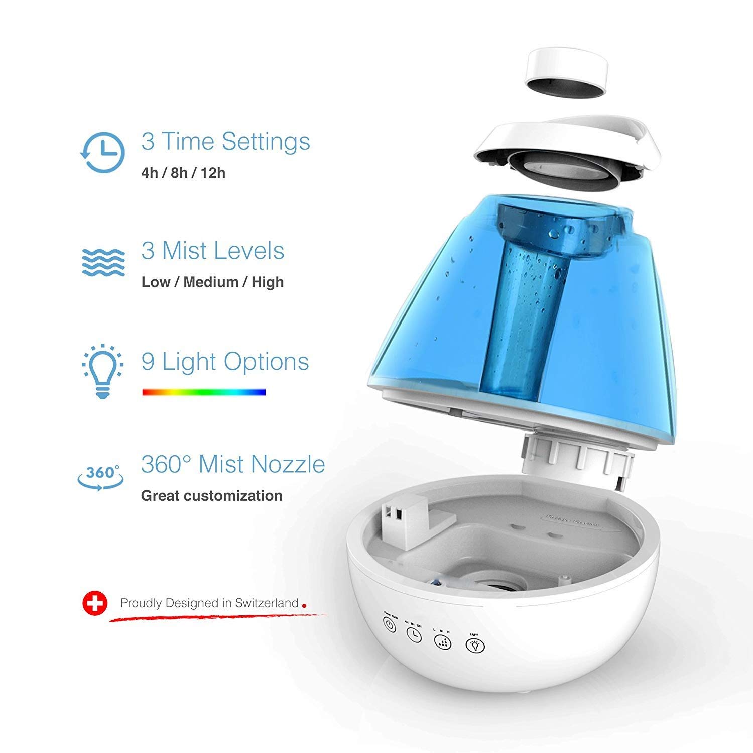 Tekjoy Cool Mist Humidifiers, Premium Ultrasonic Air Humidifier for Large Bedroom and Baby, Whisper Quiet, Auto Shut-Off, Touch Panel, 360° Nozzle, Timer, 2.2L Lasts Up to 24 Hrs