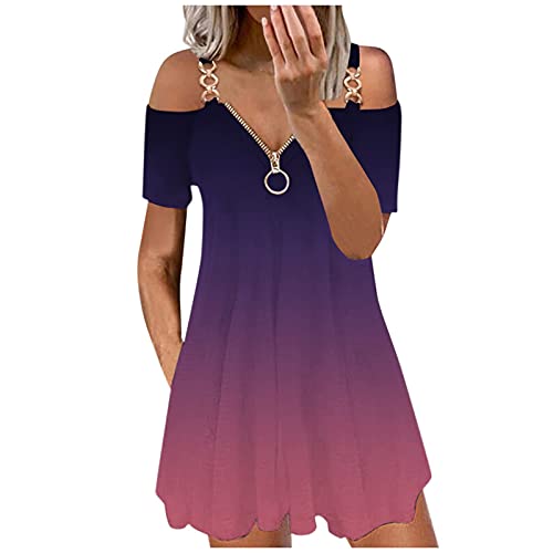 YMUQEIGH Women's Summer Dresses 2023 Vintsge Gradient Mini Beach Dress Sexy Cod Shoulder Zipper V Neck Sundress with Pockets