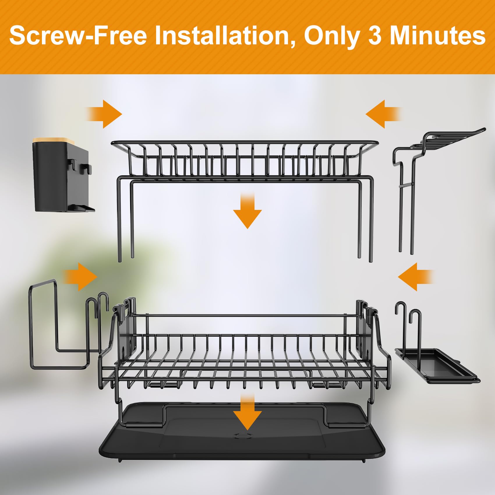 Ourackey Dish Drying Rack, 2 Tier Dish Rack, Large Dish Racks for Kitchen Counter, Anti-Rust Multifunctional Dish Drainer with Cutlery, Drain Board & Cup Holder, Black