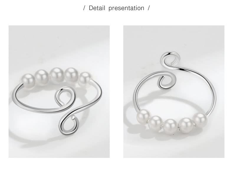 Vito Sterling Silver Fidget Anxiety Ring for Women, Adjustable Open Spinner Ring with Rotatable 5 Pearl Beads, Stacking Pressure Band Ring Jewellery Gift for Stressed Adult Women Men