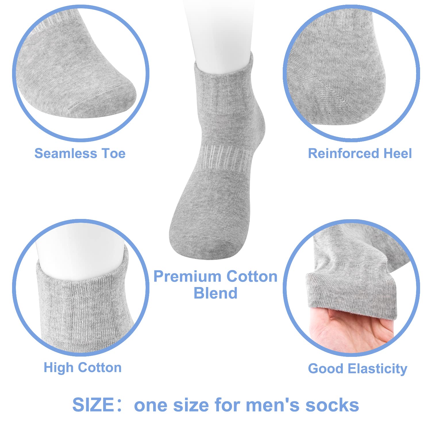 WKJHO 6 Pairs Men's Athletic Ankle Socks,Soft Cotton Socks for Men,Thick Cushion Sport Running Socks Breathable (black white gray)
