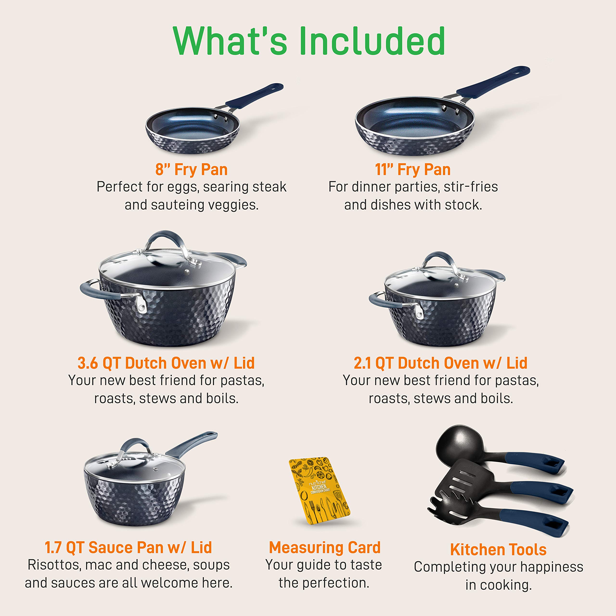 Nutrichef 11 Piece Nonstick Ceramic Cookware Set with Farberware 22-Piece Knife and Kitchen Tool Set