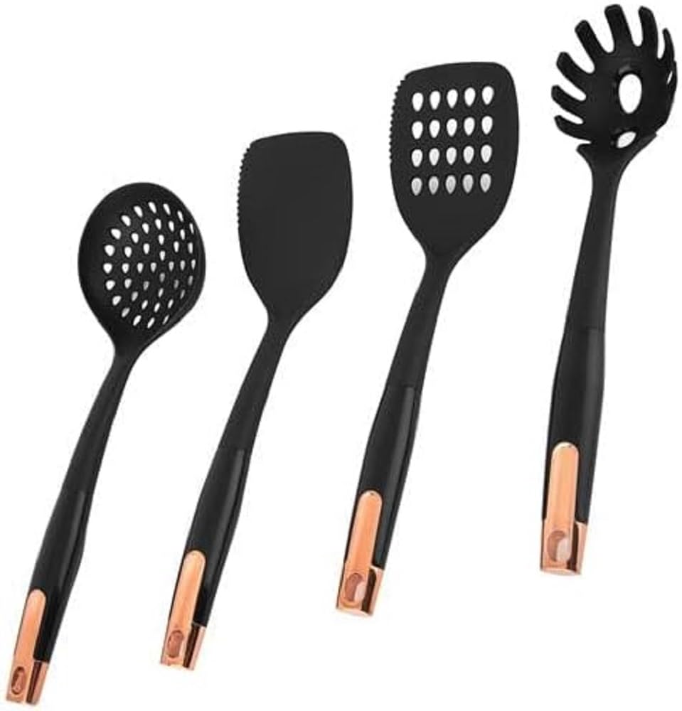 NutriChef NutriChefKitchen Kitchen Cooking Utensils Set-includes Spatula, Pasta Server, Slotted Ladle and Turner, Work with model NCSTS16, One Size, Black