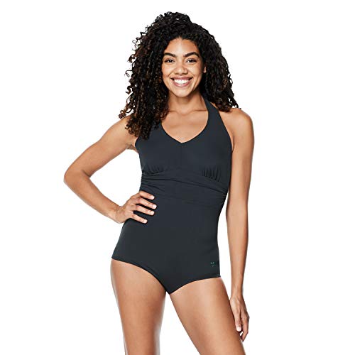 Speedo Women's Standard Swimsuit One Piece V-Neck Shirred Halter Moderate Cut, Black, 12