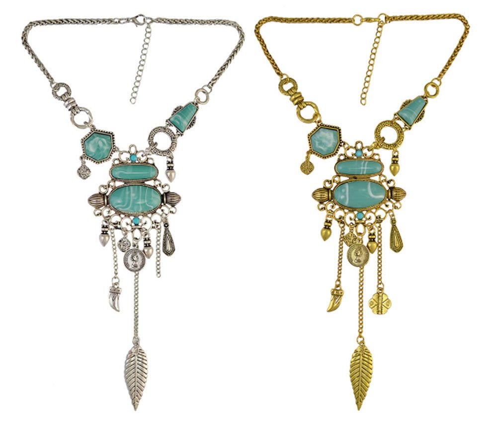 Shineland Bohemian Exaggerate Turquoise Big Alloy Pendant Necklace Women Statement Jewelry (Style # 2 ANTI GOLD)