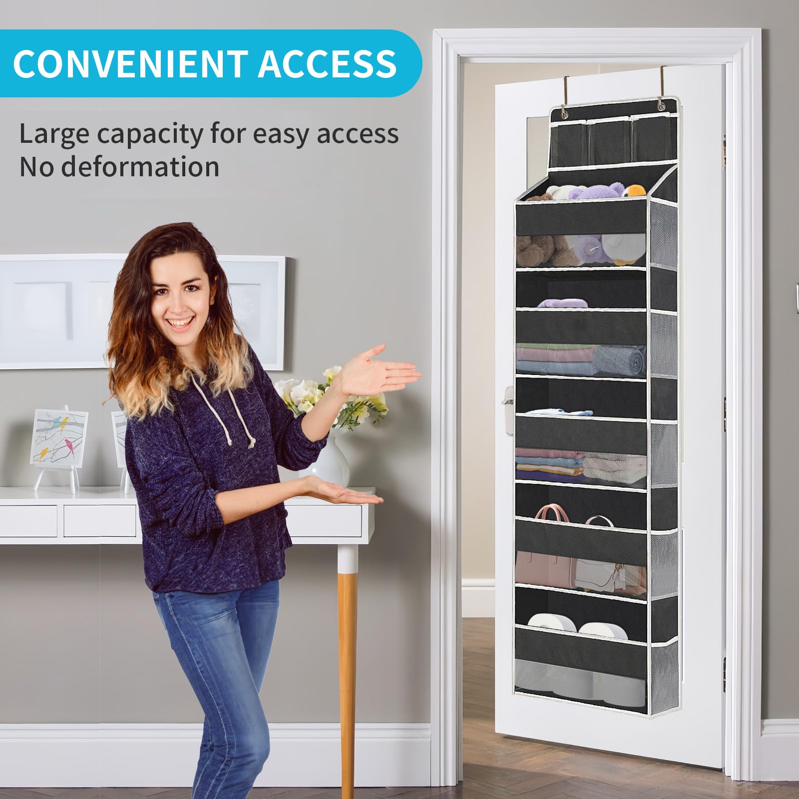 Over the Door Organizer Storage, 5-Shelf Clear Large Deep Pockets Hanging Storage with 3 Hooks, Over Door Pantry Organizer for Closet, Nursery, Bedroom, Kitchen, Dorm, Toys, Cosmetics, Clothes