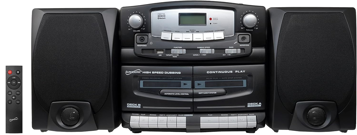 Supersonic Black Edition Vintage Bluetooth Stereo System Home Music Audio System,CD/MP3 Player,AM/FM Radio,Dual Cassette Player/Rec USB inputs,Detachable Speakers,AC/DC,(Remote Included)Matte Black